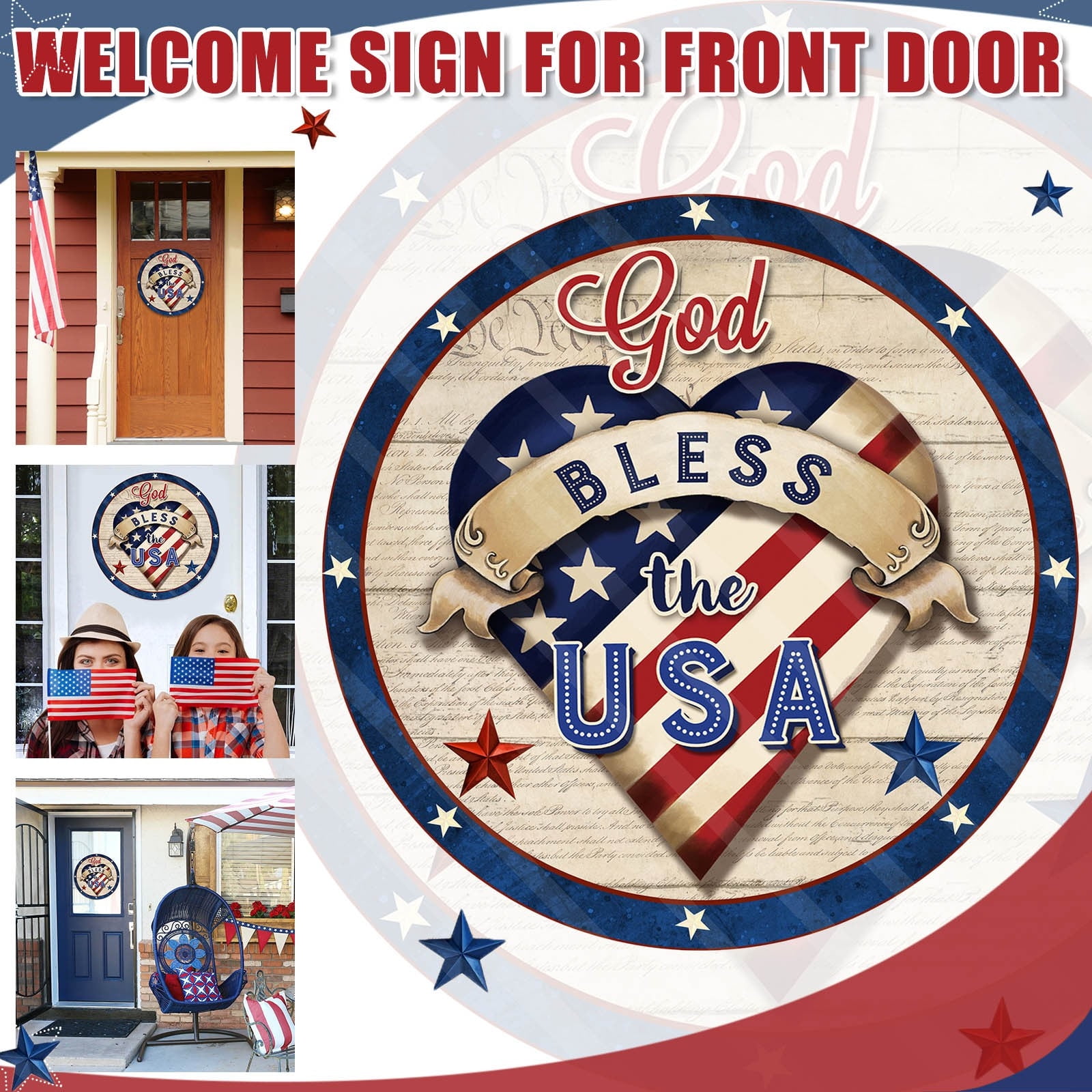 Patriotic Welcome Sign Front Door Decoration, God Bless the USA Round ...