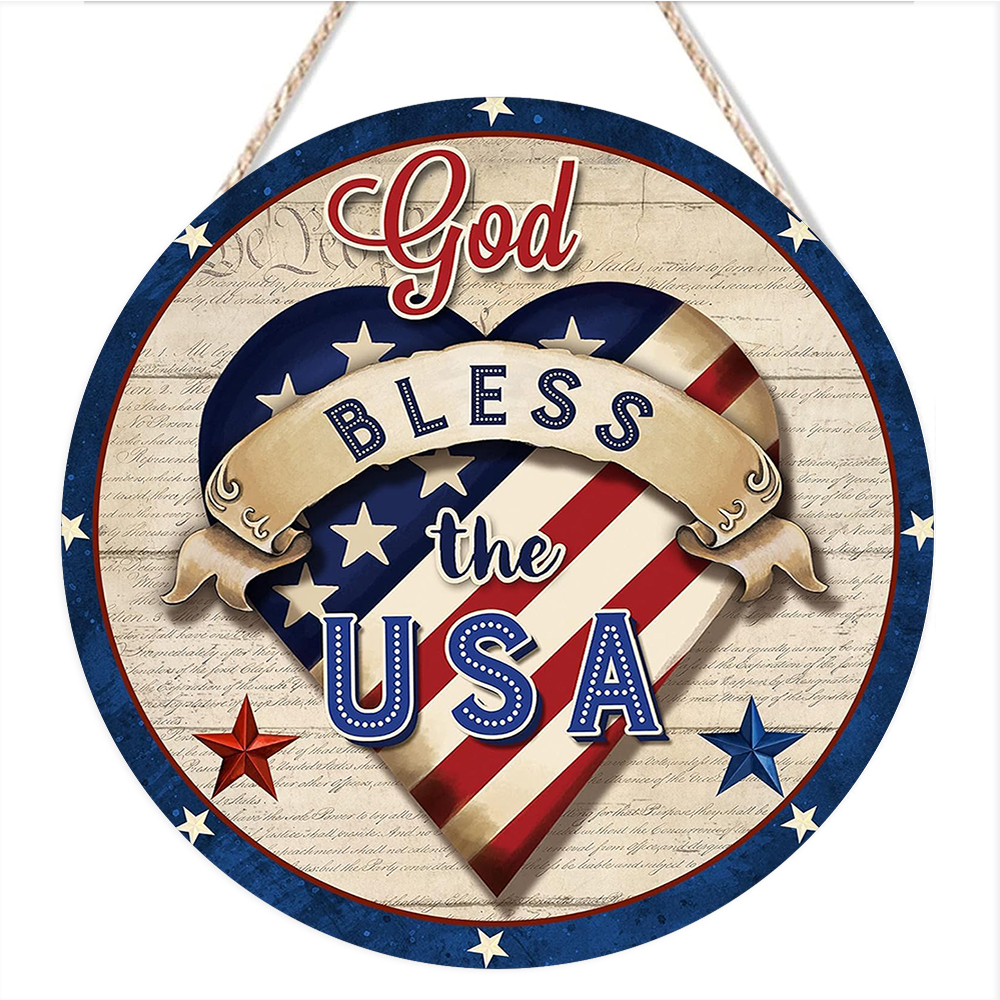 Patriotic Welcome Sign God Bless The Americana Heart Rustic Round ...