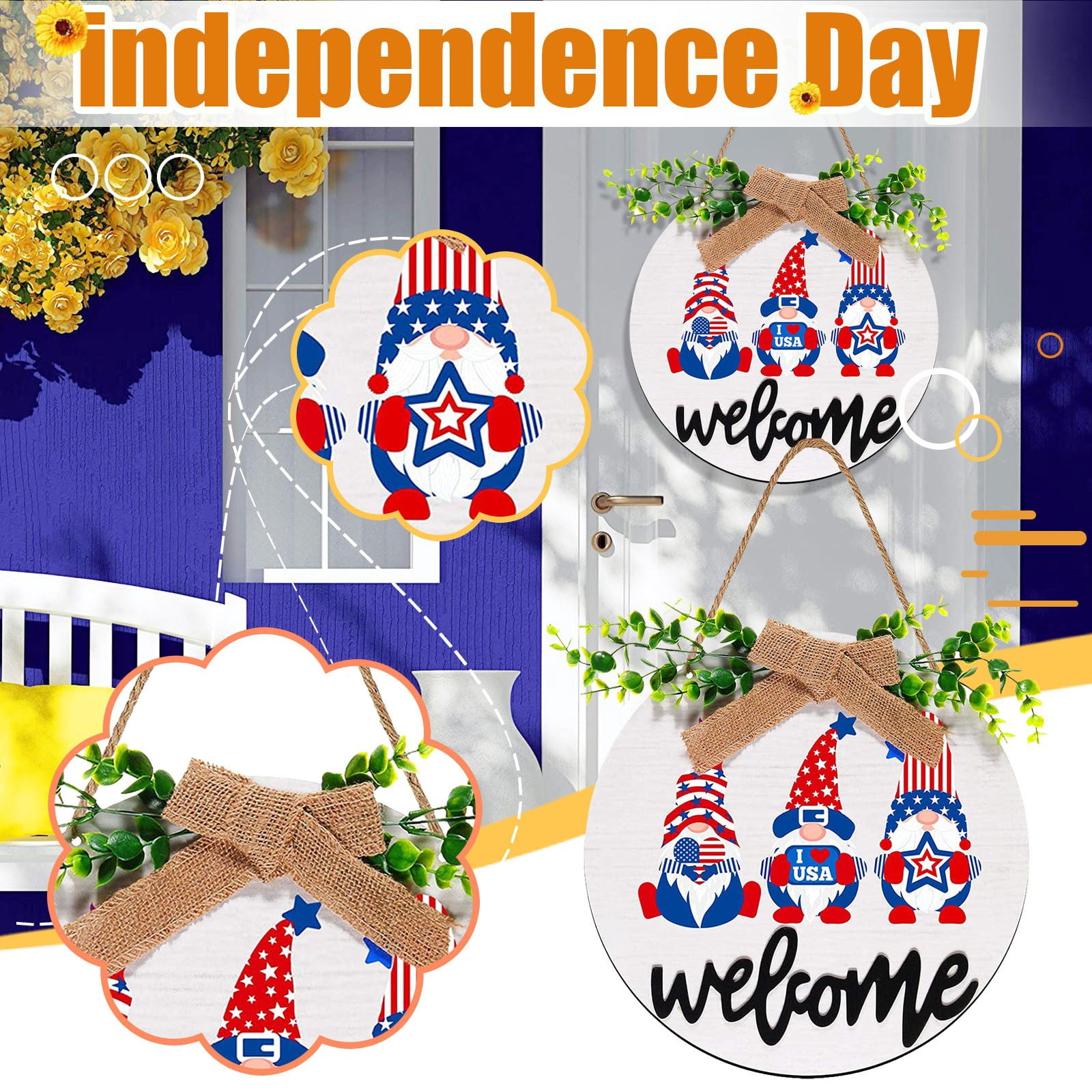 Patriotic Welcome Sign with Gnomes USA Themed Door Hanging Decoration ...