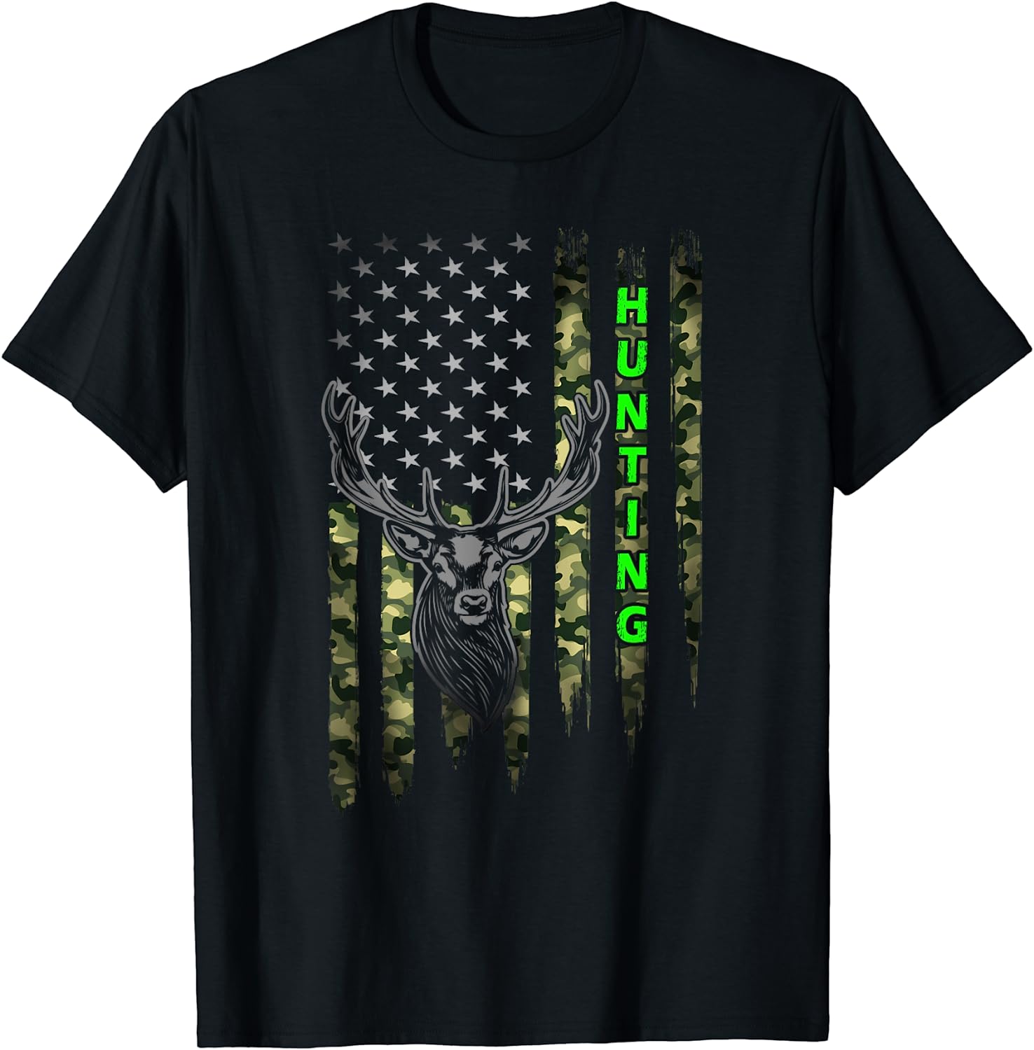Patriotic Whitetail Buck Deer Hunting American Camouflage T-Shirt Black ...