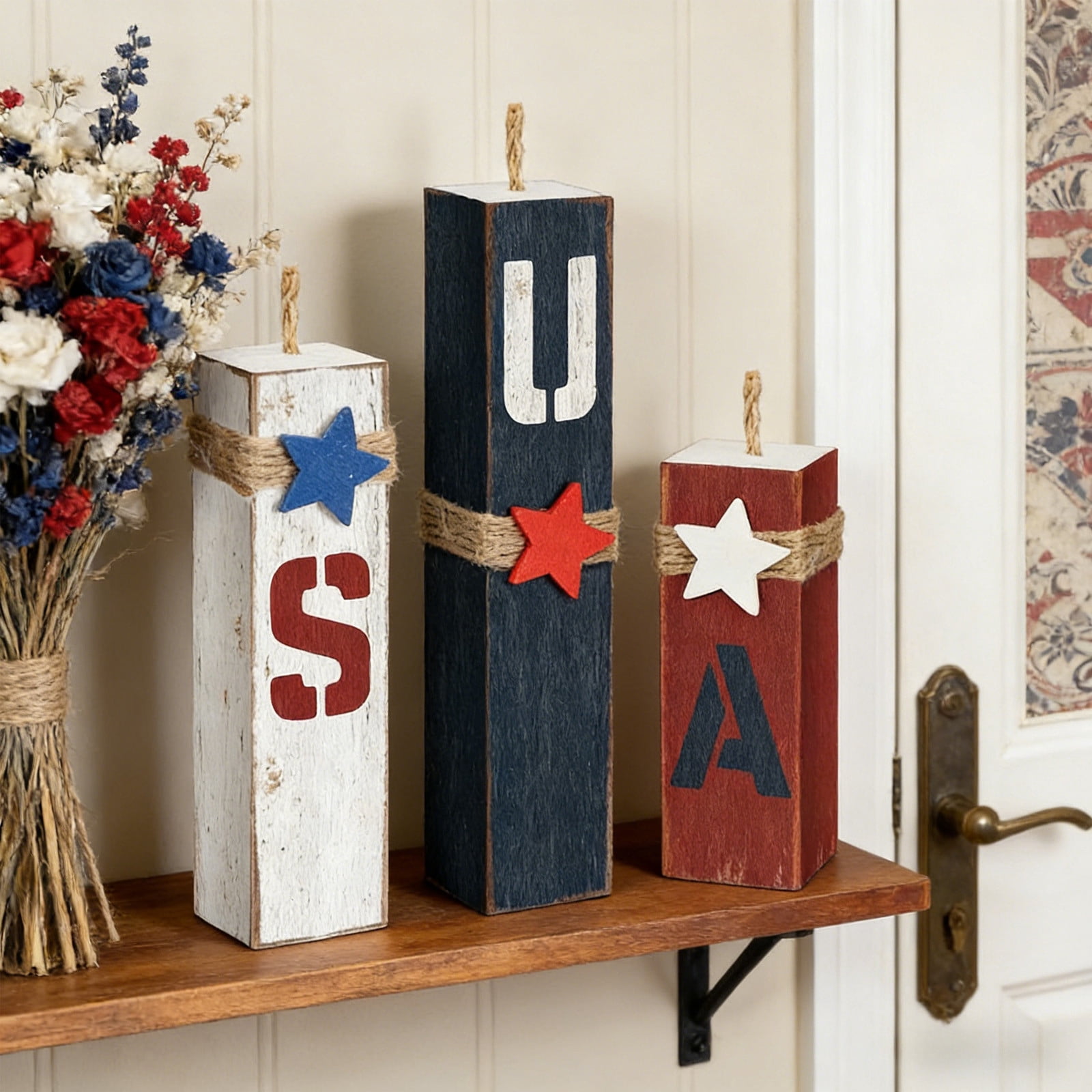 Patriotic Wooden Block Set Independence Day 1776 USA Star Stripe Table ...
