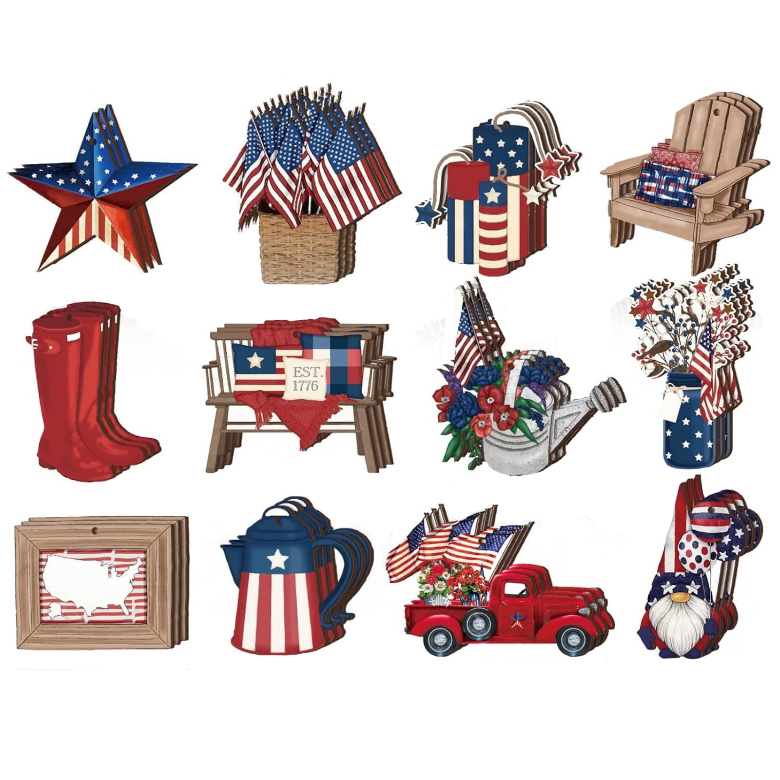Patriotic Wooden Decorations Set 12 Pieces, American Flag Theme for ...