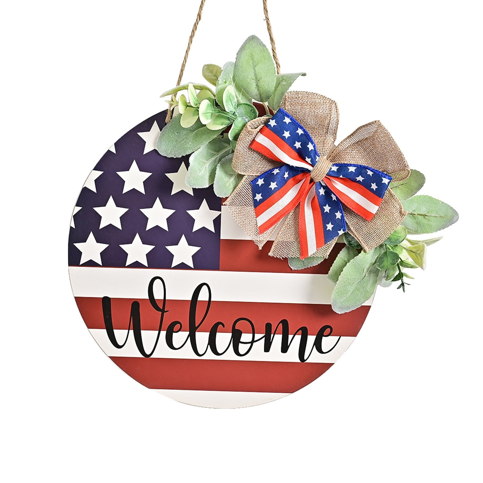 Patriotic Wooden Welcome Sign with Wreath - 4th of July Front Door ...