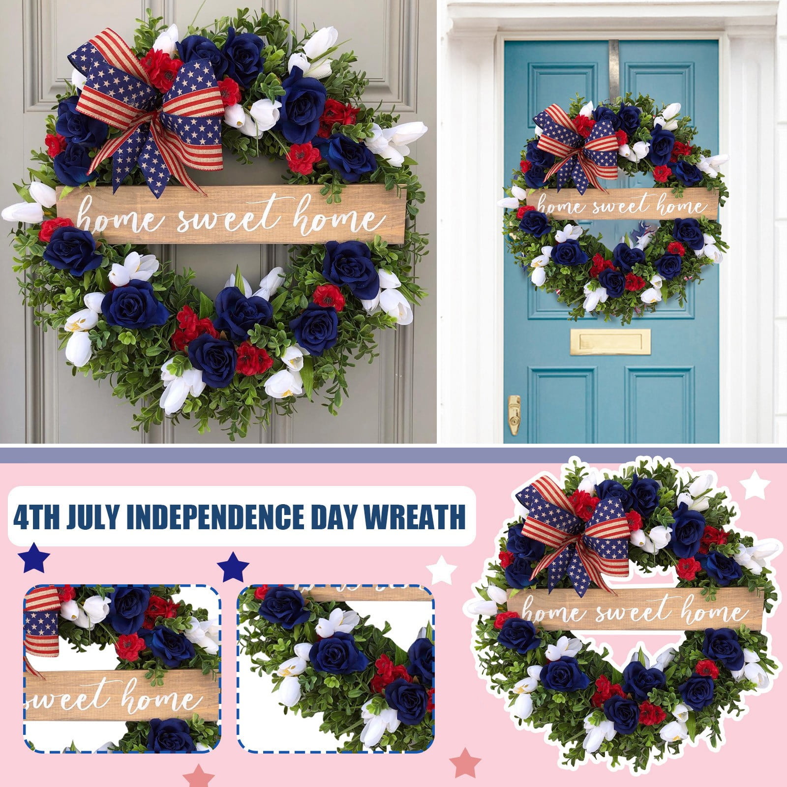 Patriotic Wreath Decorations, 17 Inch Hydrangea 4th of July Wreaths for ...