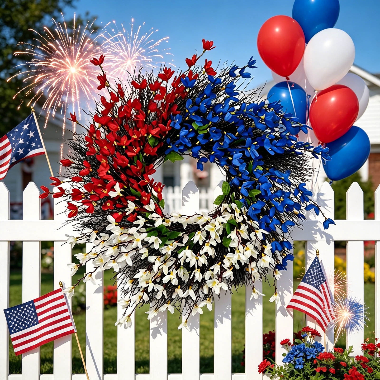 Patriotic Wreath for Front Door, Red White Blue Artificial Flowers, for ...