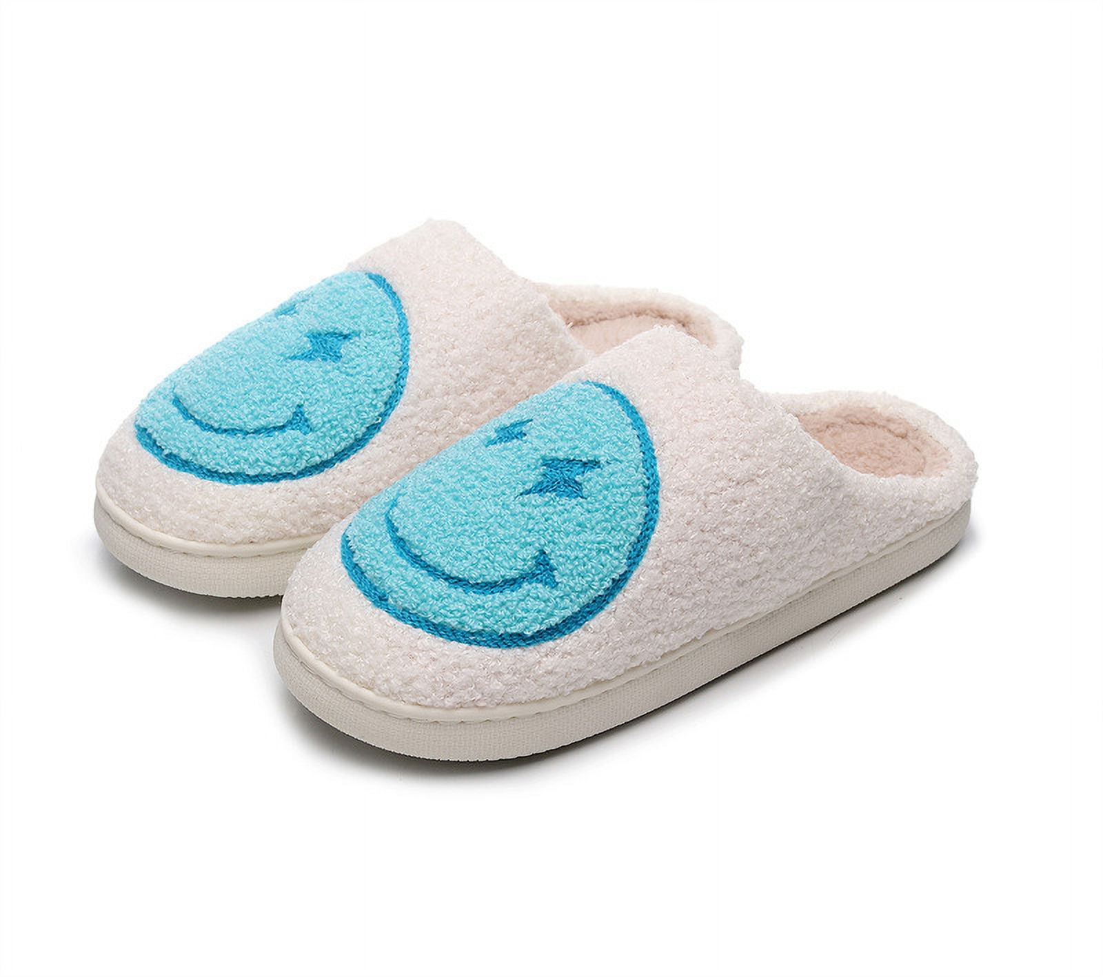 Patrok Smiley Face Slippers, Light Blue, Rubber Sole, Fluffy Comfy ...
