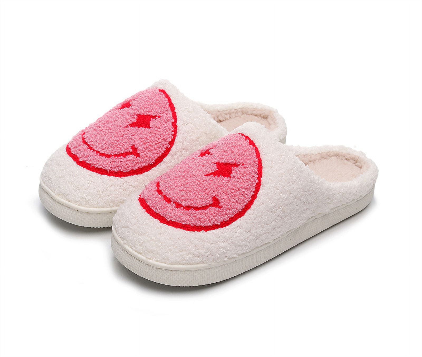 Patrok Smiley Face Slippers, Slip Resistant Rubber Sole, Fuzzy Slide-On ...