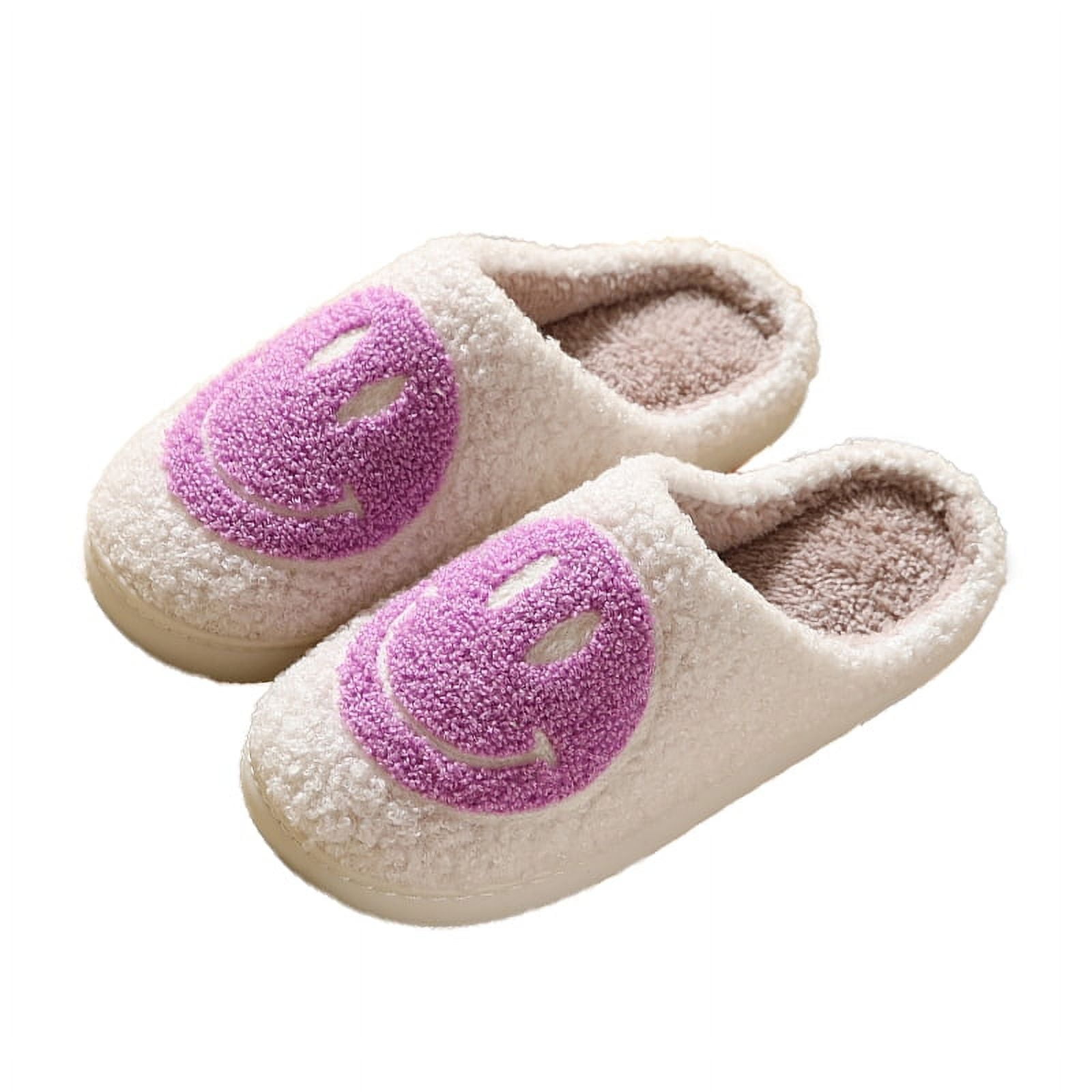 Patrok Unisex Purple Smiley Face Slippers, Fluffy Faux-Fur Lined ...