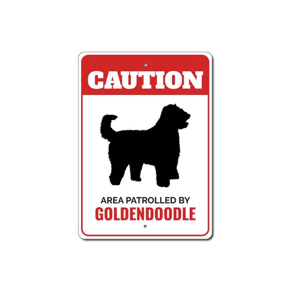 Patrolled By Goldendoodle Caution Metal Sign Canine Owner Warning Decor ...
