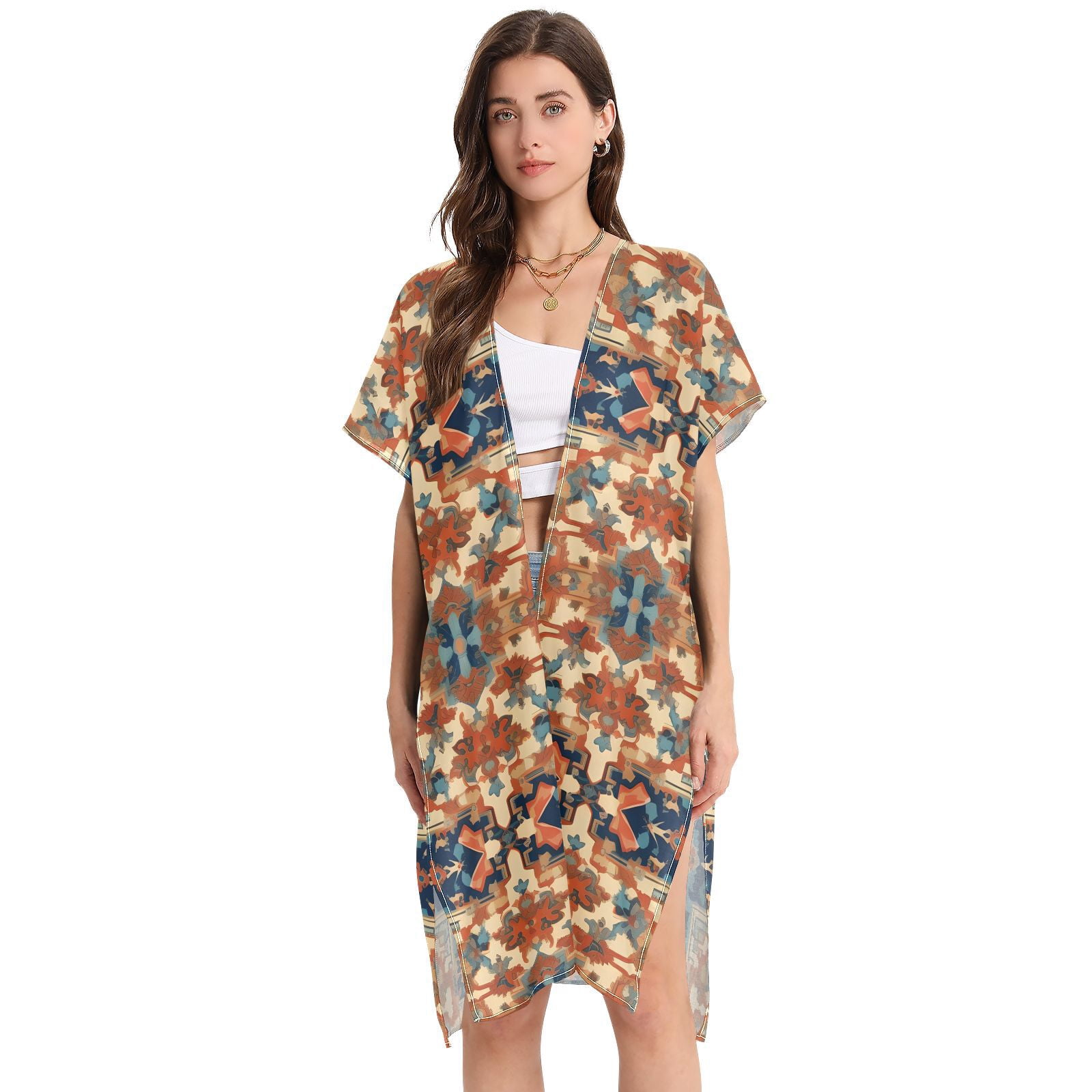 Pattern Boho and Vintage Women Swimsuit Cover up V Neck Beach Dress ...