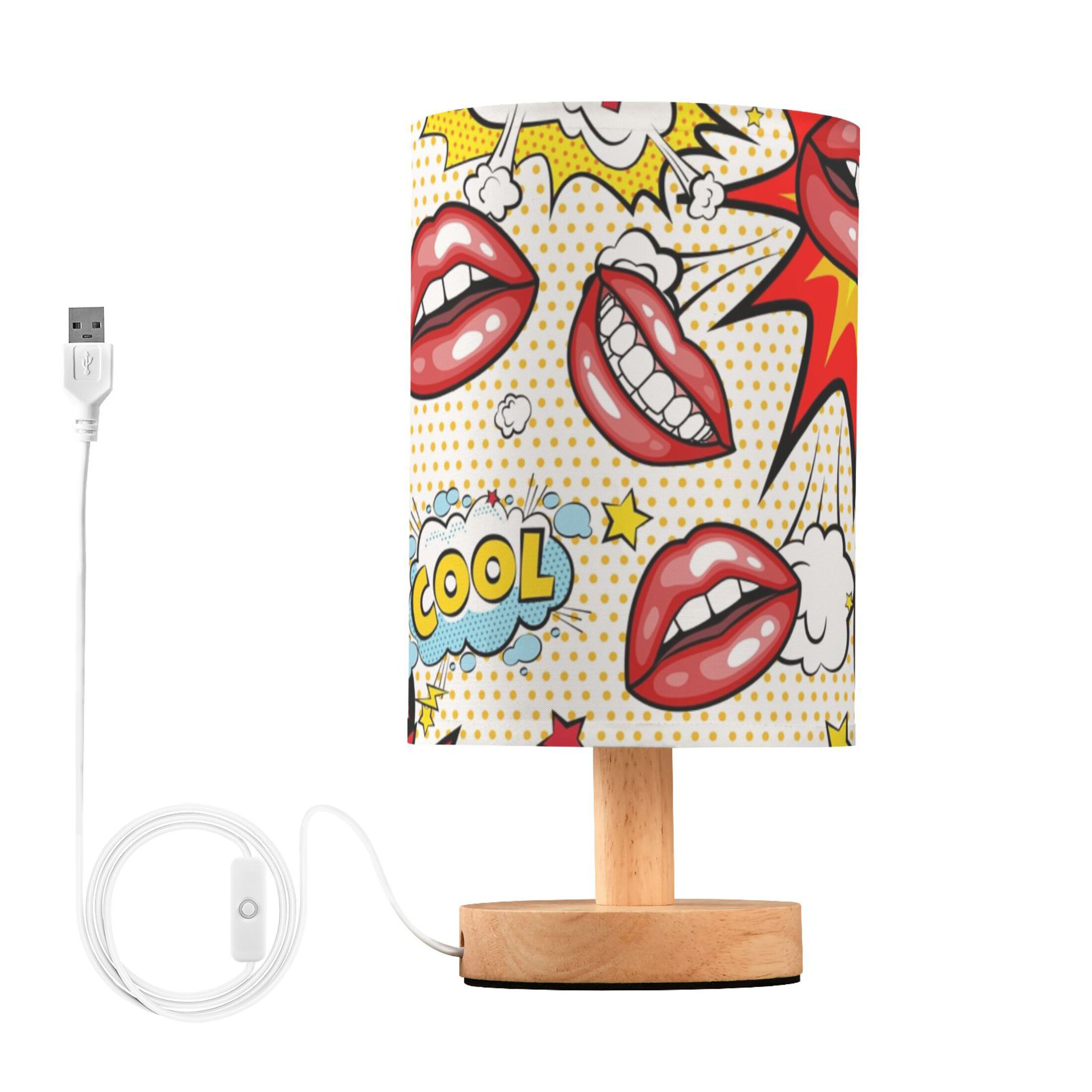 Pattern Cartoon Comic Red Lips Retro Bedside Table Lamp LED Warm Lights with USB Charging Port ...