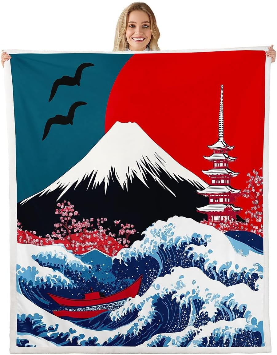 Pattern Fleece Throw - Japanese Ukiyoe Theme Sherpa Blanket for Bed ...