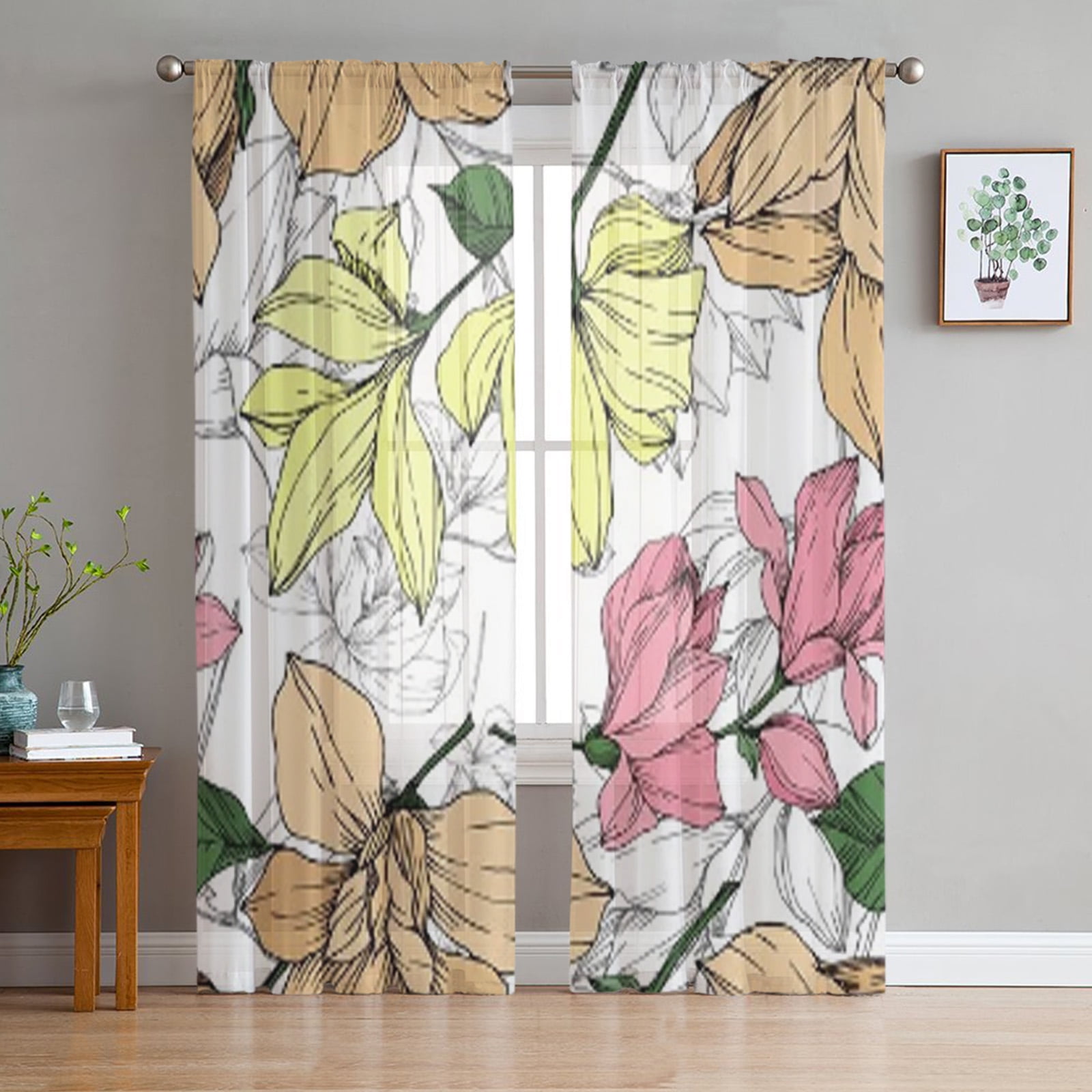 Pattern Flower Leaves White Plumeria Tulle Curtain for Living Room ...