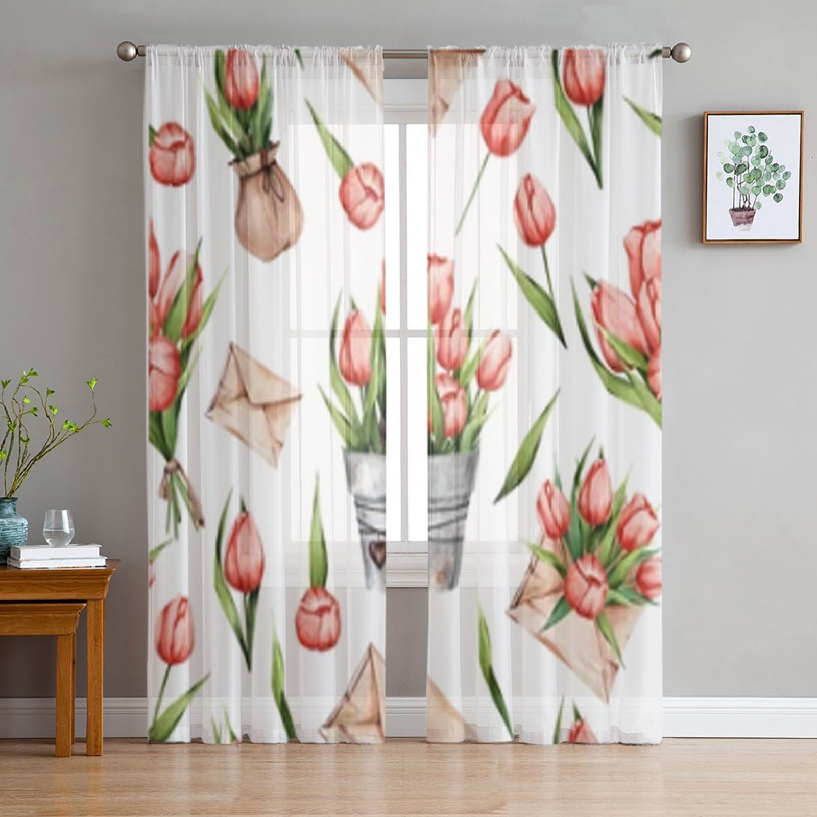 Pattern Flower Leaves White Plumeria Tulle Curtain for Living Room ...