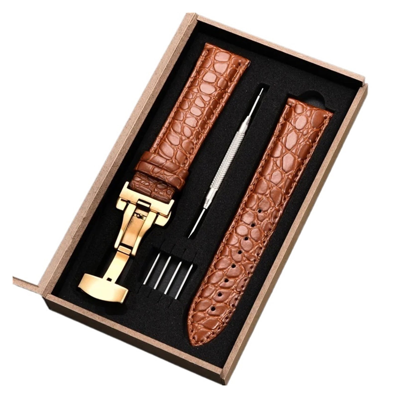 Pattern Leather Watch Strap with Automatic Stainless Steel Butterfly ...