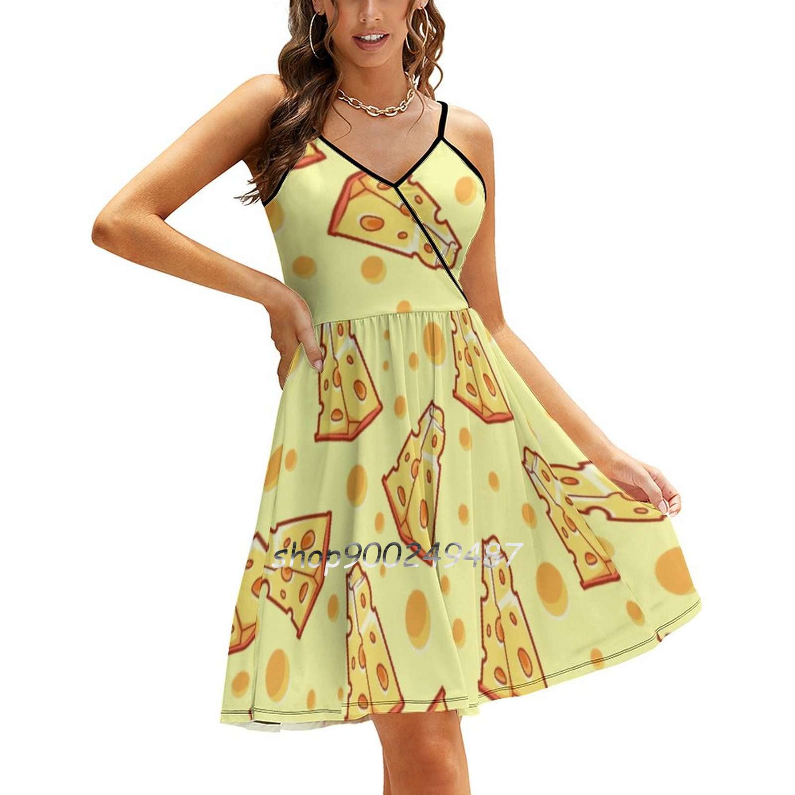 Pattern With A Slice Of Cheese On A Light Yellow Background Evening Party Dresses Midi Sexy ...