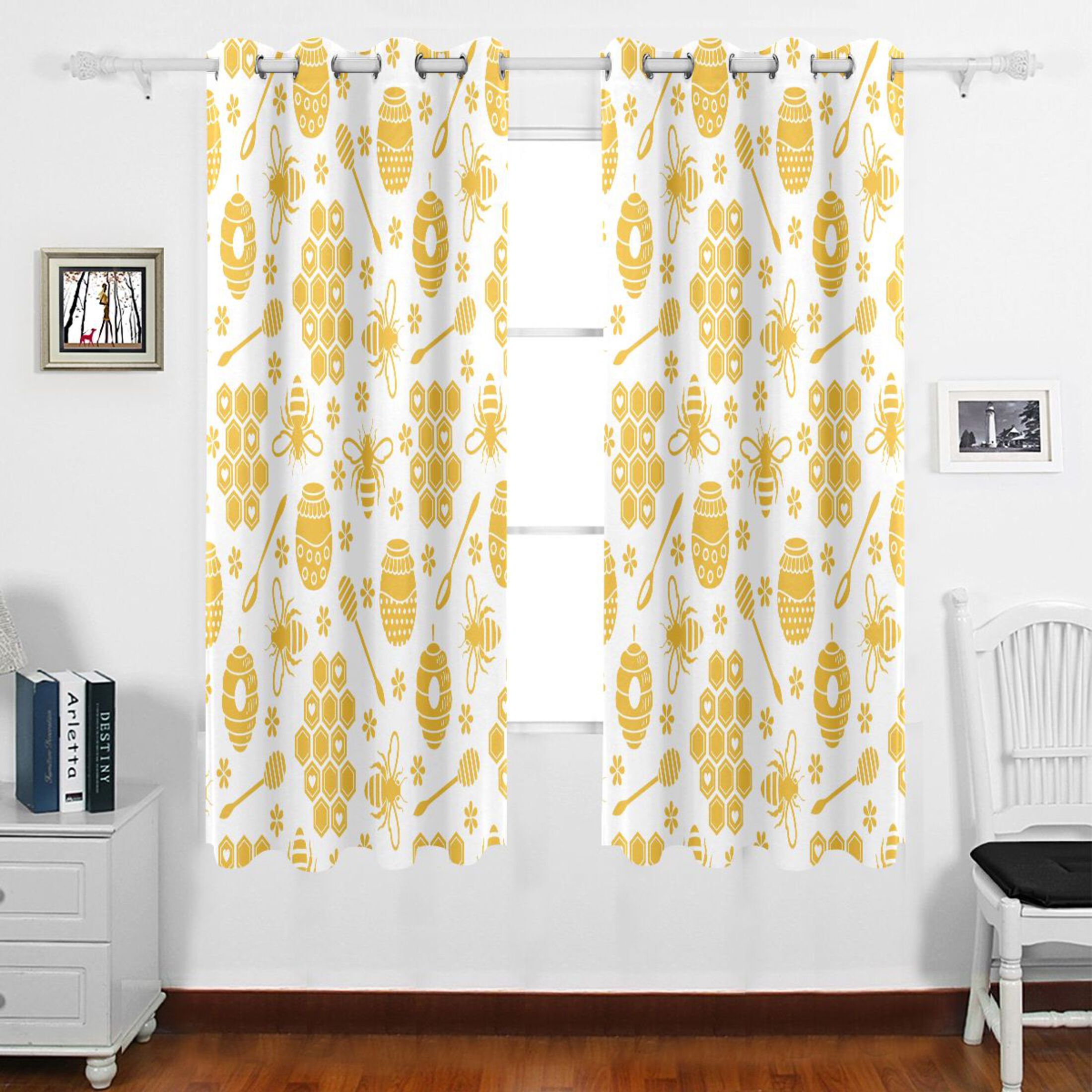 Pattern with Bees and Honey Grommet Blackout Curtains Thermal Insulated ...