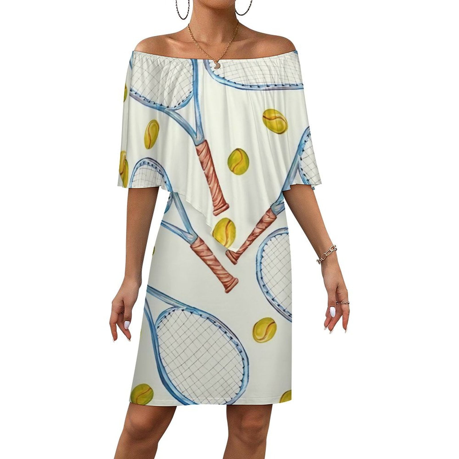 Pattern with Tennis Rackets with Tennis Balls Women's Off The Shoulder ...