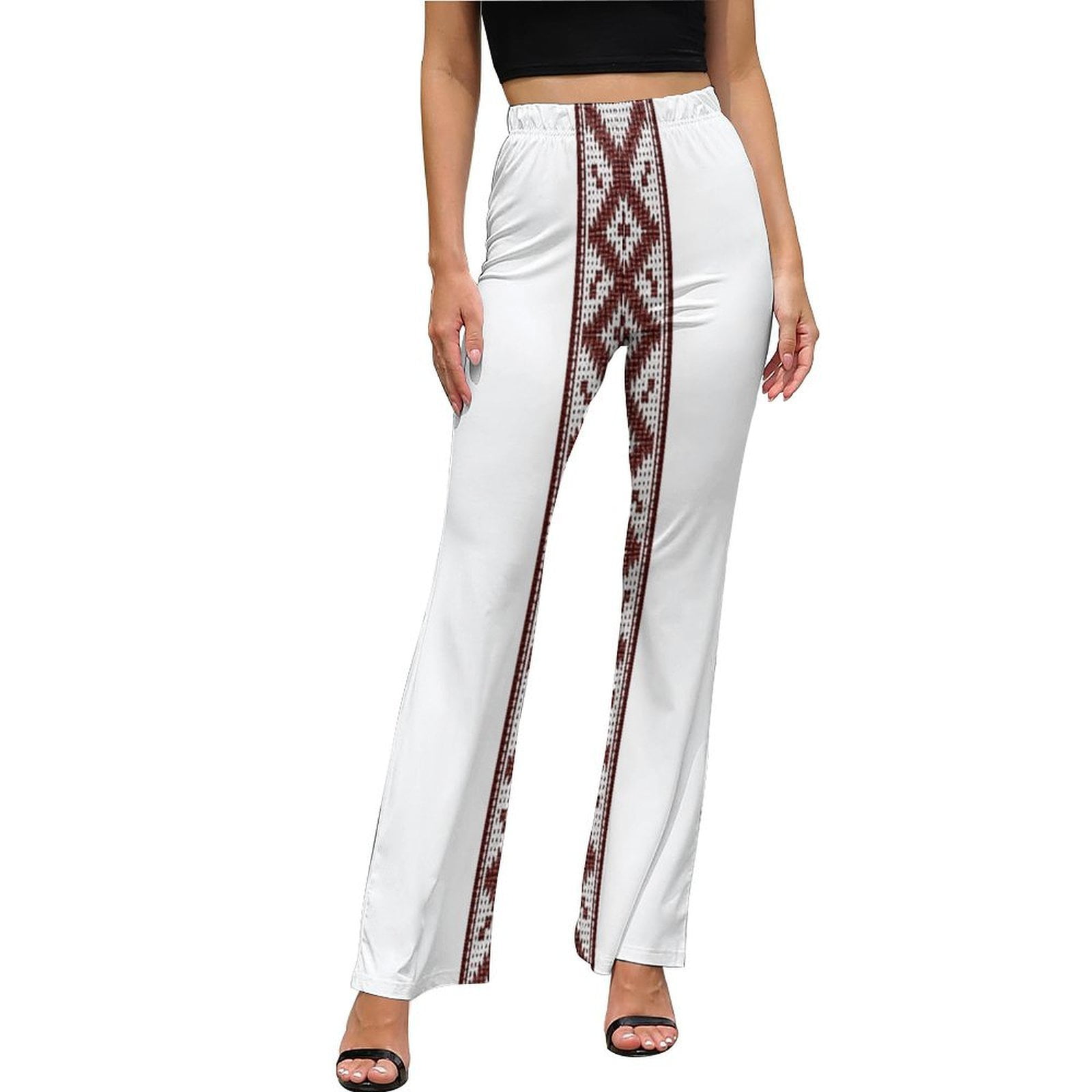 Patterned Decorative Border Design High Waisted Casual Flared Trousers ...