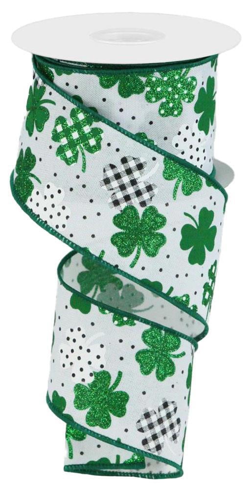 Patterned Glitter Shamrocks Wired Edge Ribbon - 10 Yards (2.5 Inch ...