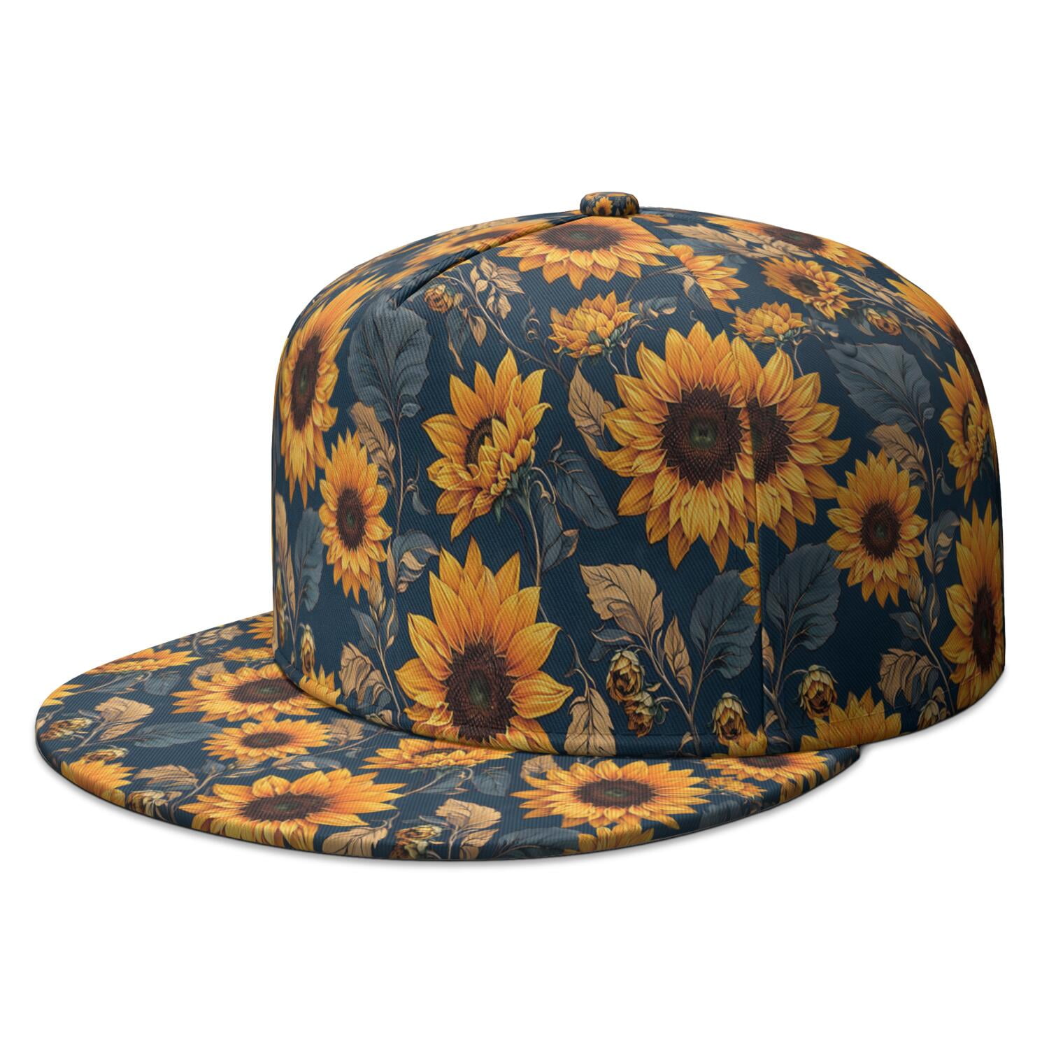 Patterned Sunflower Snapback Hat, Adjustable Flat Bill Cap, Vintage ...