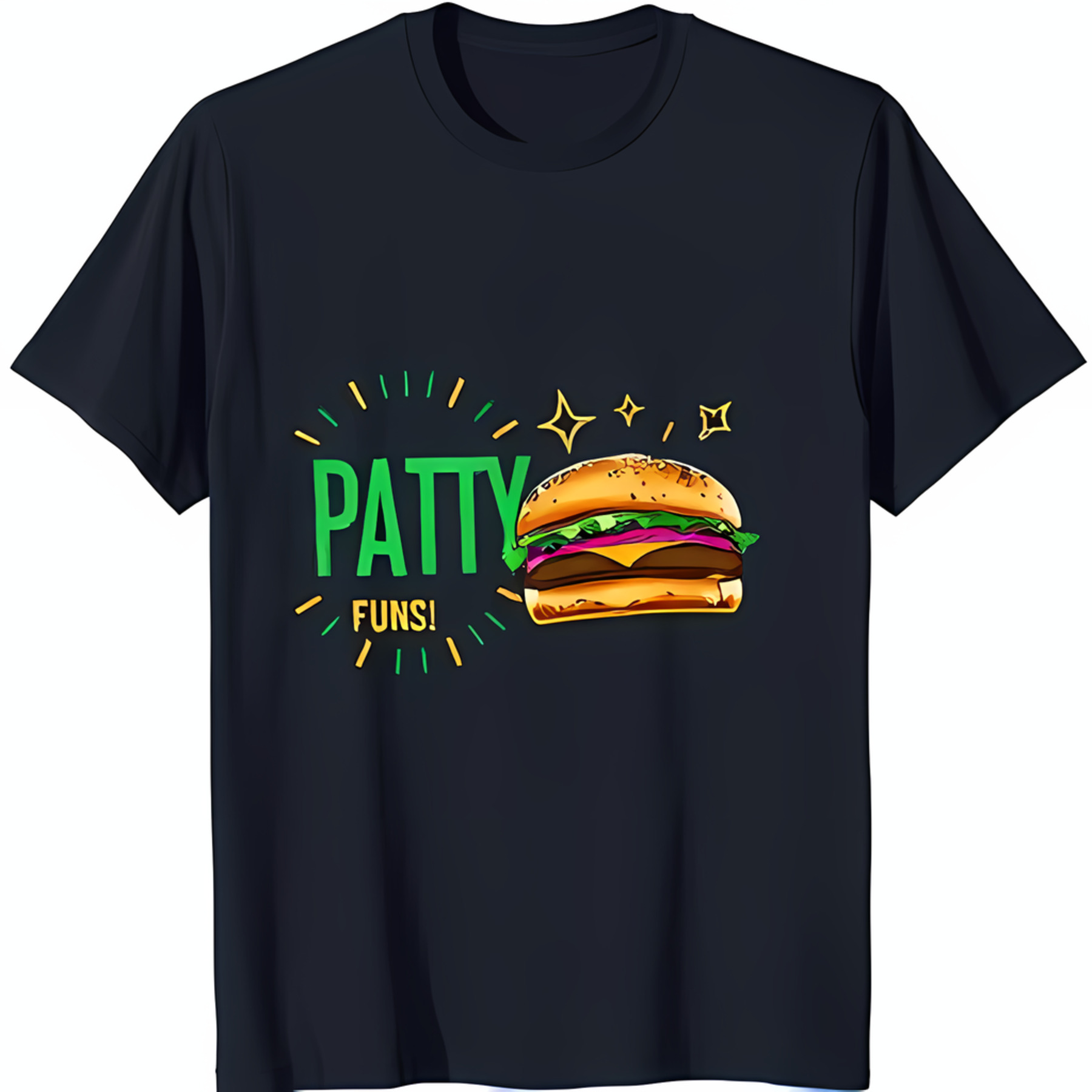Patty Fun's Graphic Blue T-Shirt with Hamburger Design & Star Accents ...