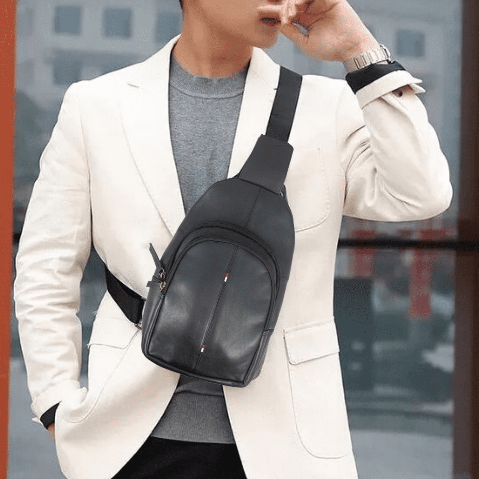 Paul Walter Genuine Leather Sling Bag Multi-pocket Chest Shoulder ...