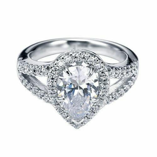 Pave Set Halo Women's Engagement Ring, Split Shank Wedding Ring, 2 Ct Simulated Pear Cut Diamond ...