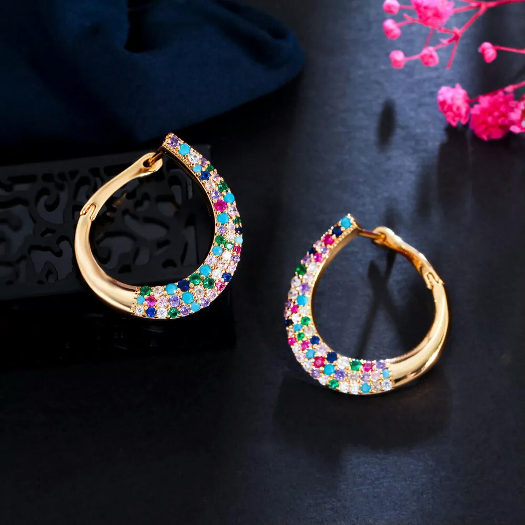 Pave Settings Cubic Zirconia Cute Moon Hoop Earrings for Bridal ...