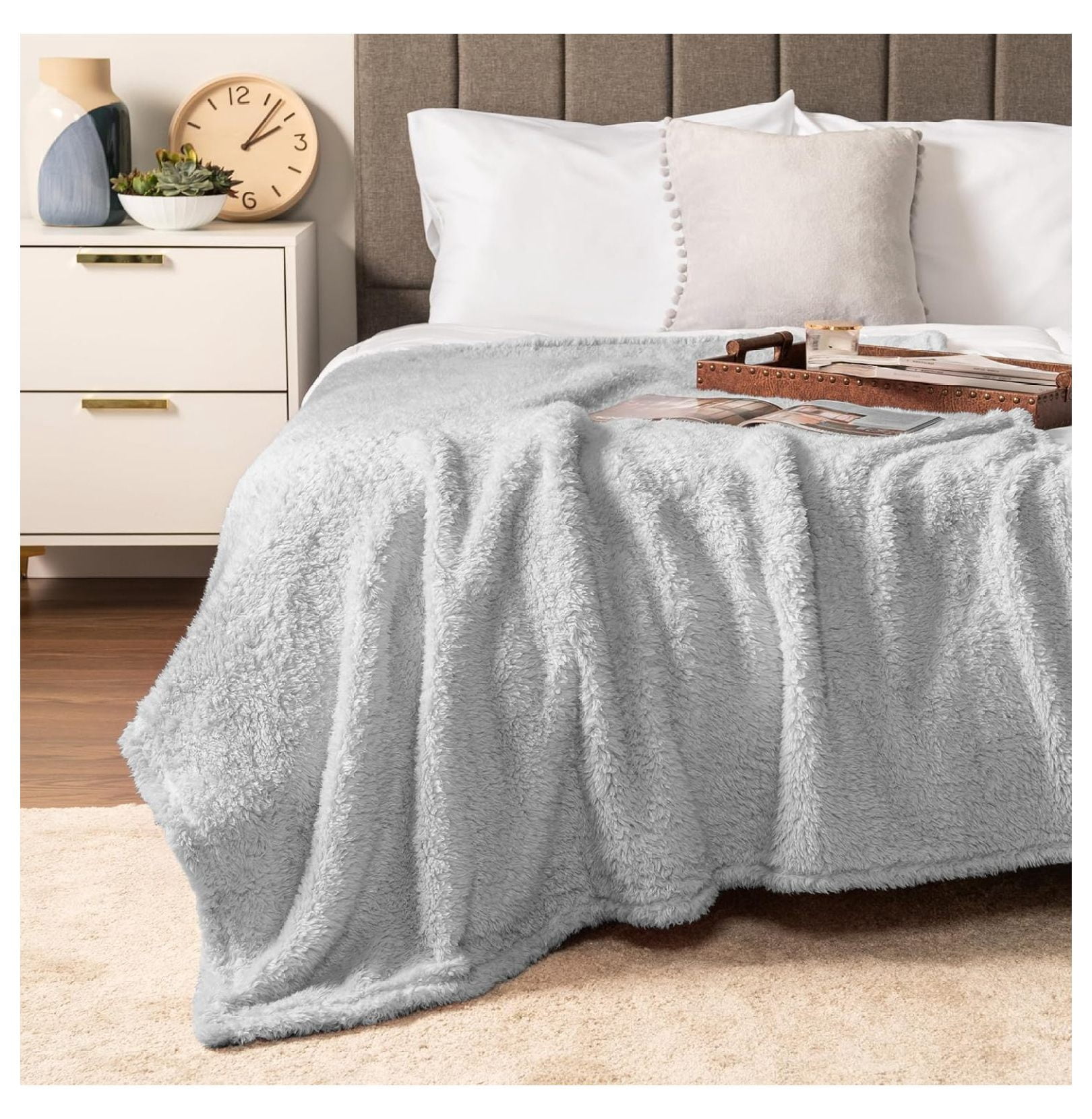 Pavilion Bed Blanket Queen Size - Light Grey Plush Soft Cozy, Fluffy ...