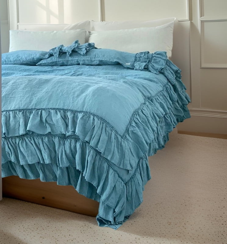 Pavish Export Ruffle Cotton Duvet Cover Set In Sky Blue Natural ...