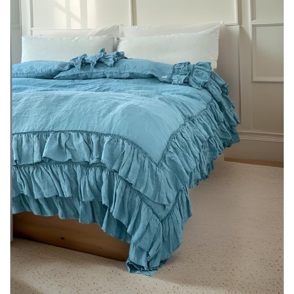 Pavish Export Ruffle Cotton Duvet Cover Set In Sky Blue Natural ...
