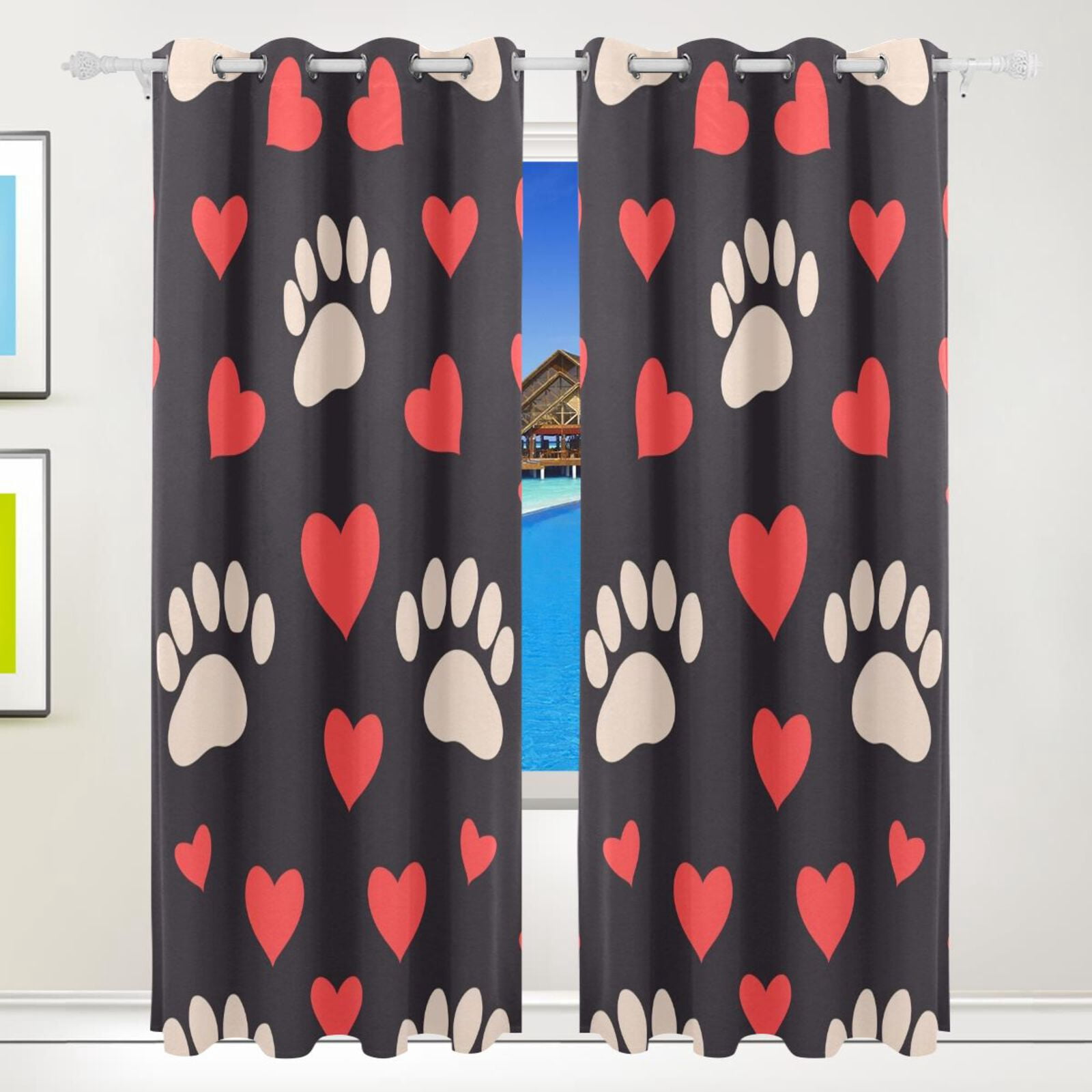 Paw Claws with Hearts Curtains Black Out 72 Inch Length Curtains for ...