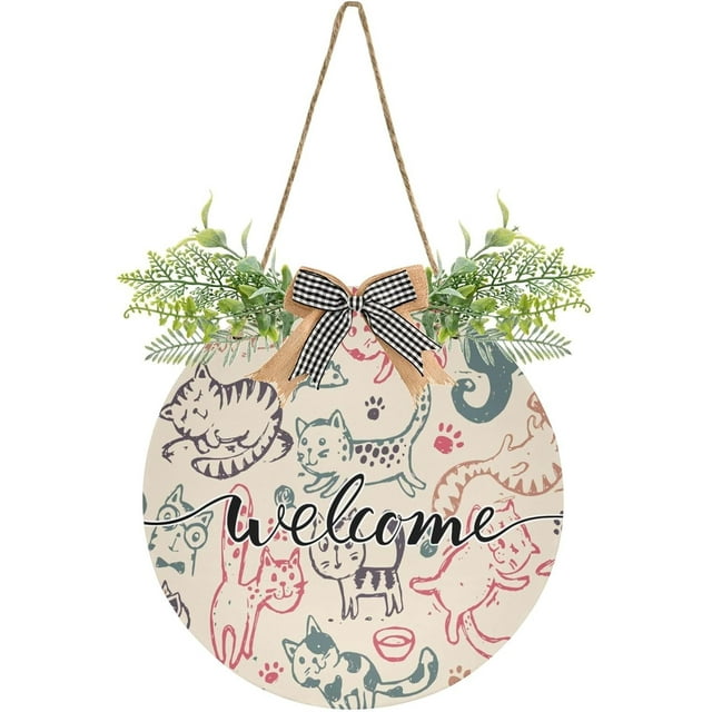 Paw Cute Cat Welcome Sign Farmhouse Front Porch Door Hanging Welcome ...