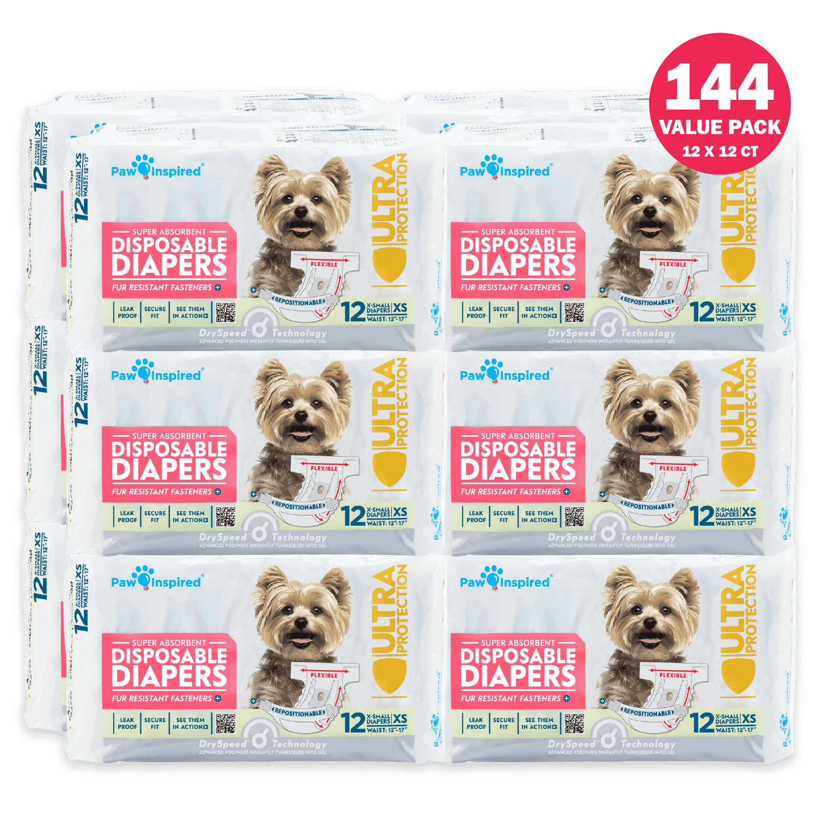 Paw Inspired Disposable Dog Diapers, X-Small, 144 Count for Female Dogs ...