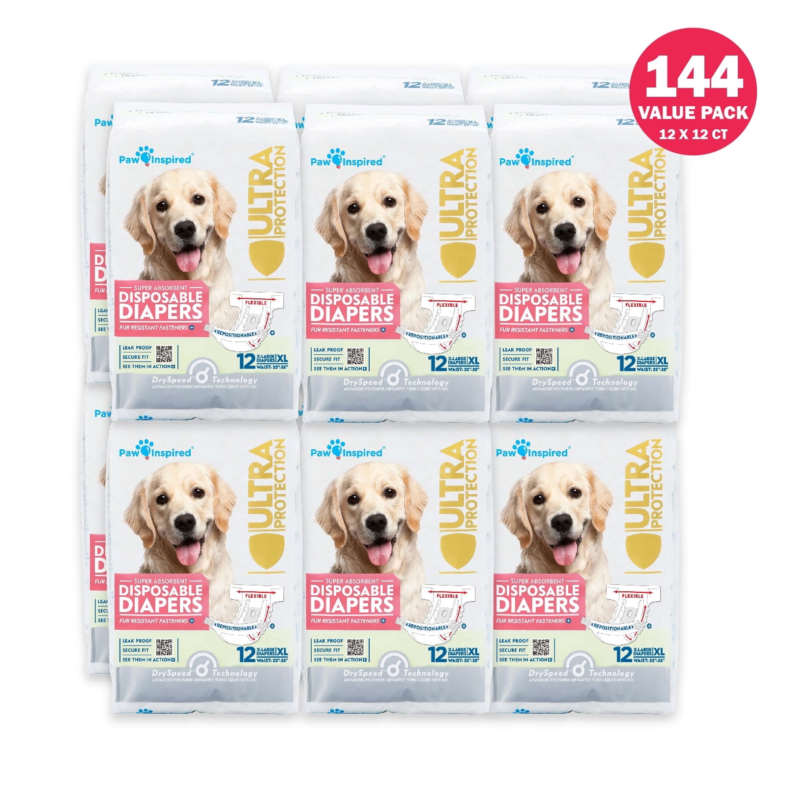 Paw Inspired X-Large Disposable Dog Diapers for Female Dogs, 144 Count ...