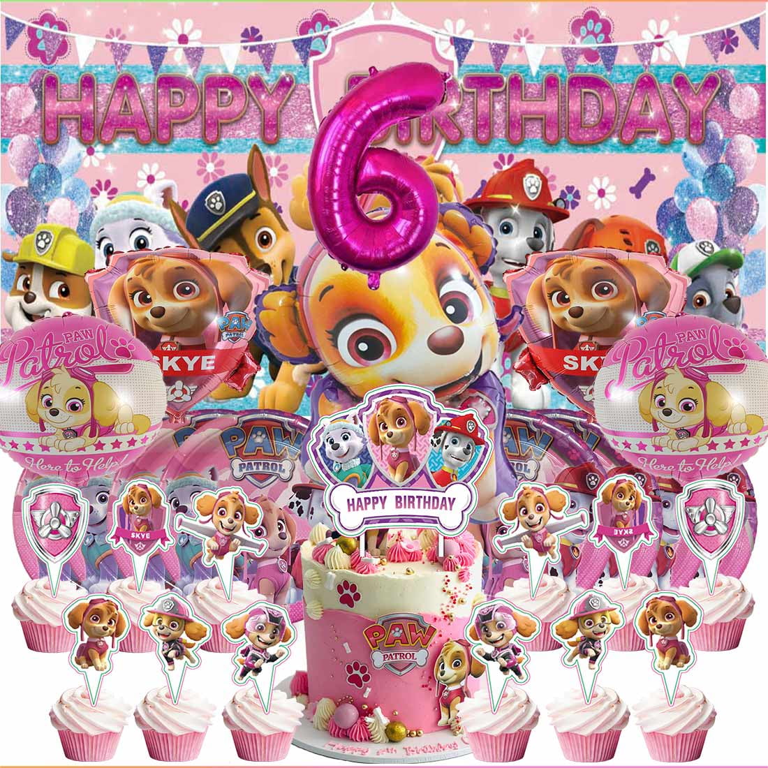 Paw Patrol 6th Tableware Balloons Cake Toppers Backdrop Banner Supplies ...