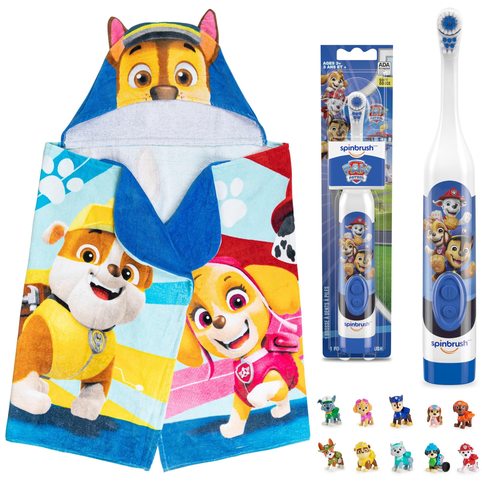 Paw Patrol Bathtime Kit with Hooded Towel, Toy Figures 10-Pack, Battery ...