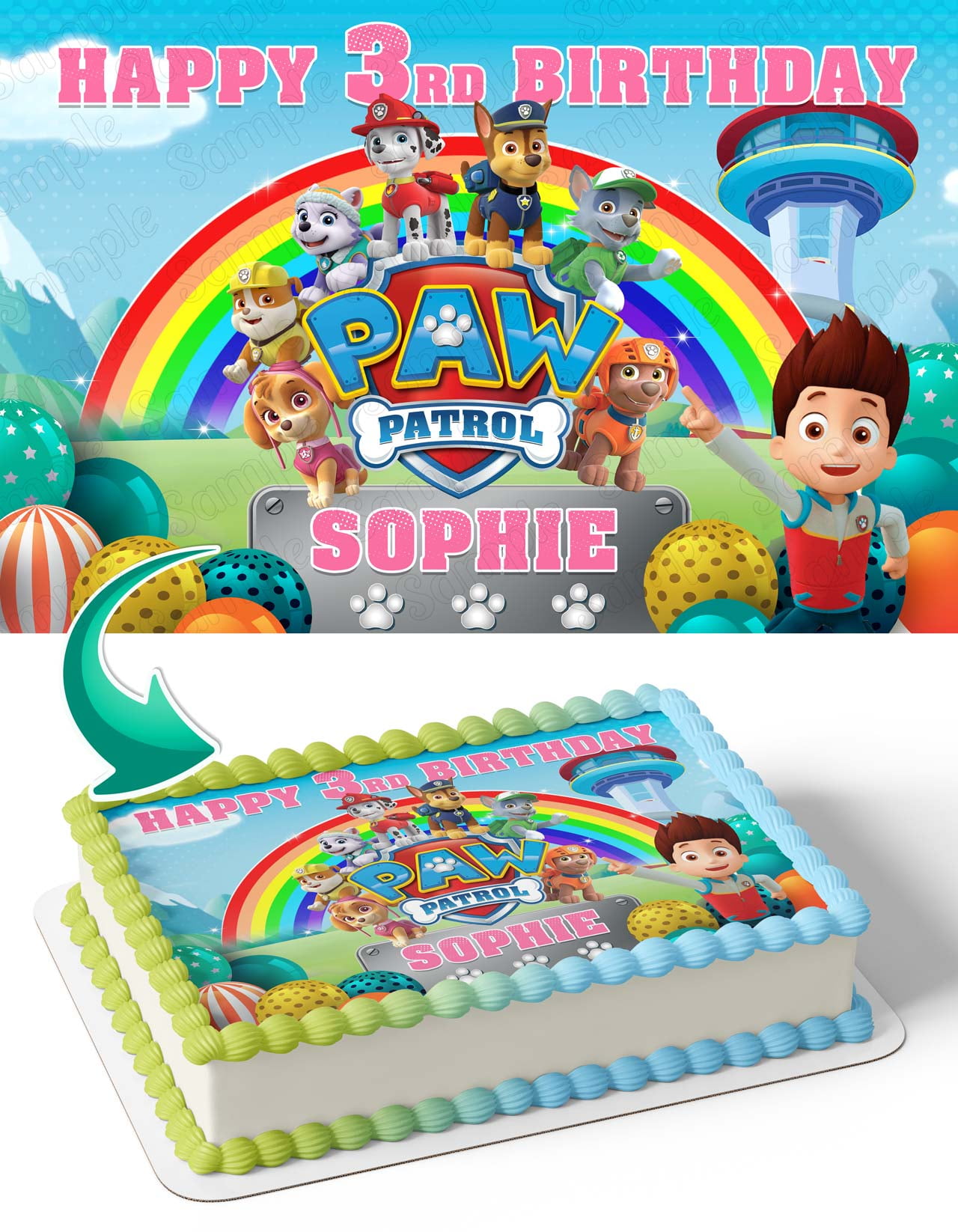 Paw Patrol Girl Pink Skye Rainbow Edible Cake Topper Image Print Photo ...