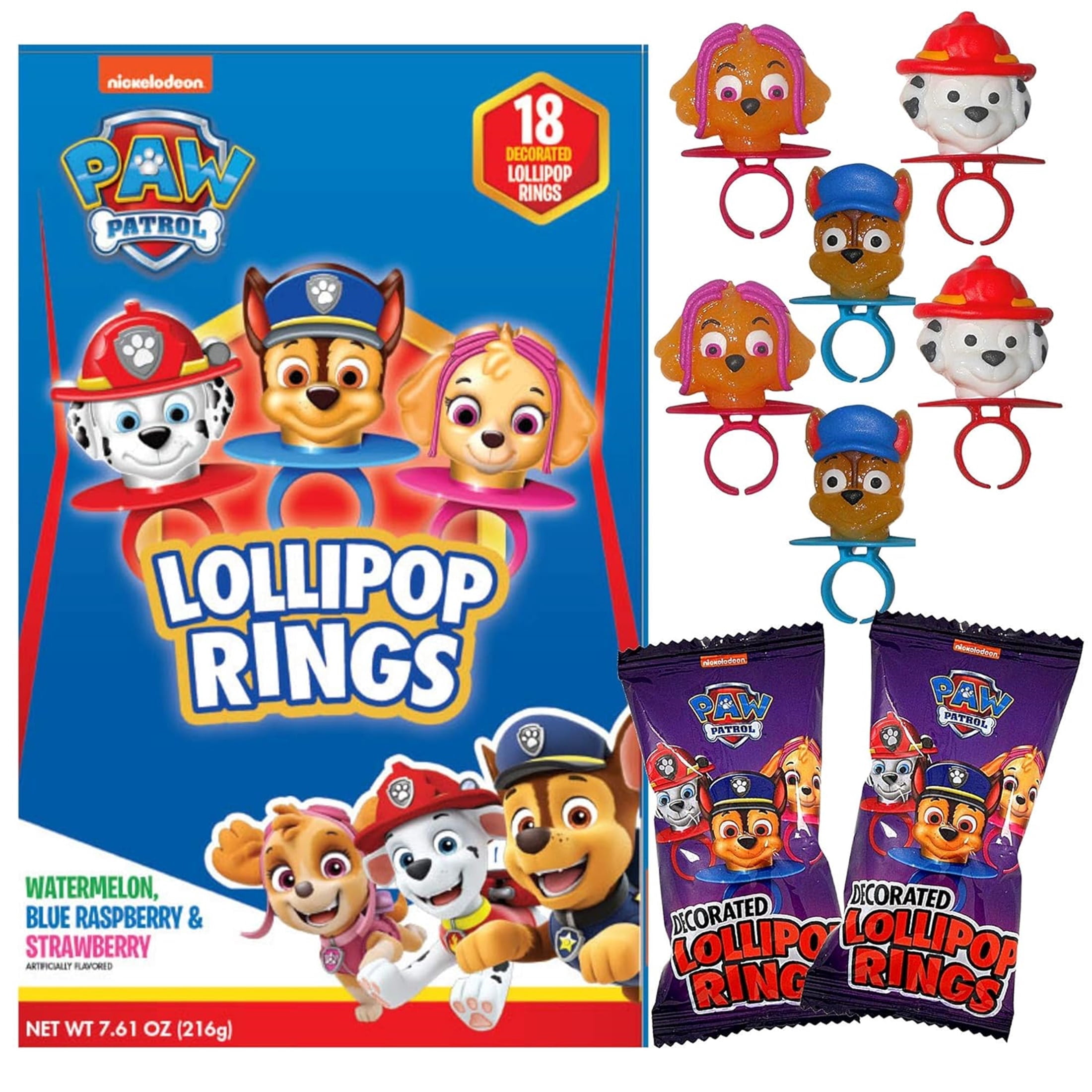 Paw Patrol Lollipop Rings Pack of 18 Character Candy Assorted Fruit ...