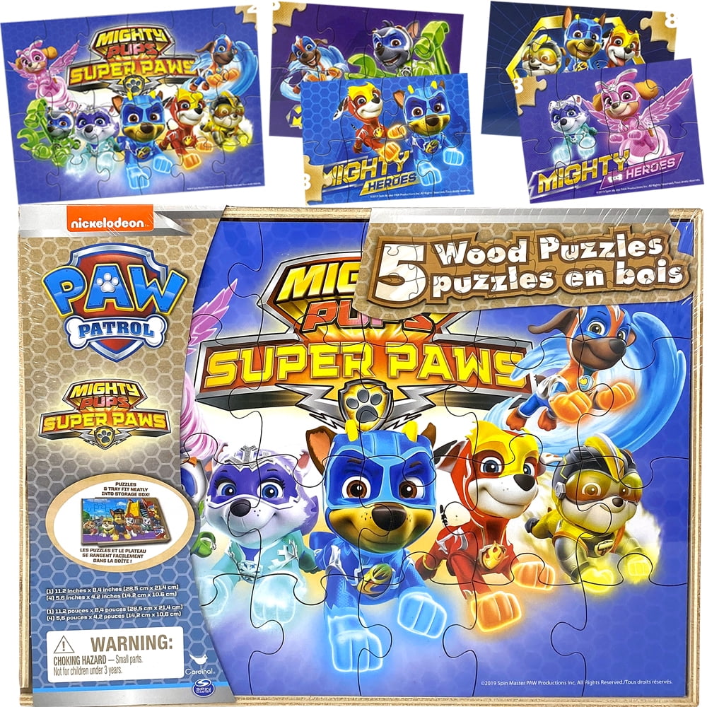 Paw Patrol Super Paws 5 Style Wood Puzzles in Wooden Storage Box for ...