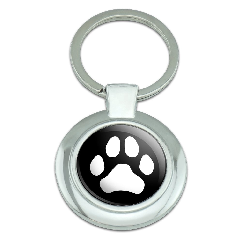 Paw Print Dog Cat White on Black Keychain Classy Round Chrome Plated ...
