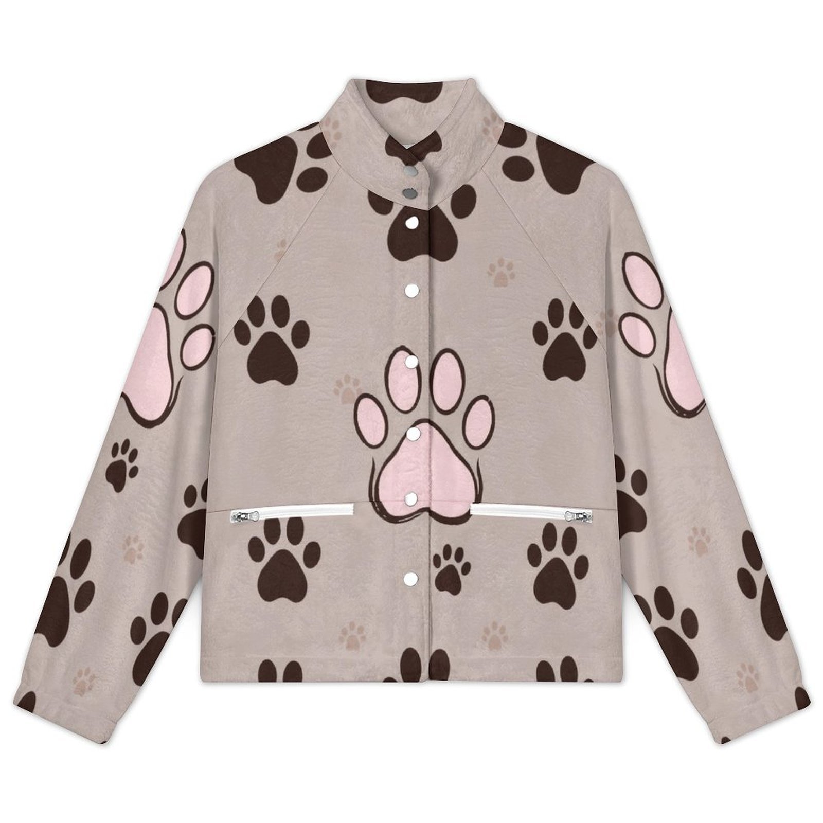 Paw Print Pattern Background Warm Women's Plush Jacket Stand Collar ...
