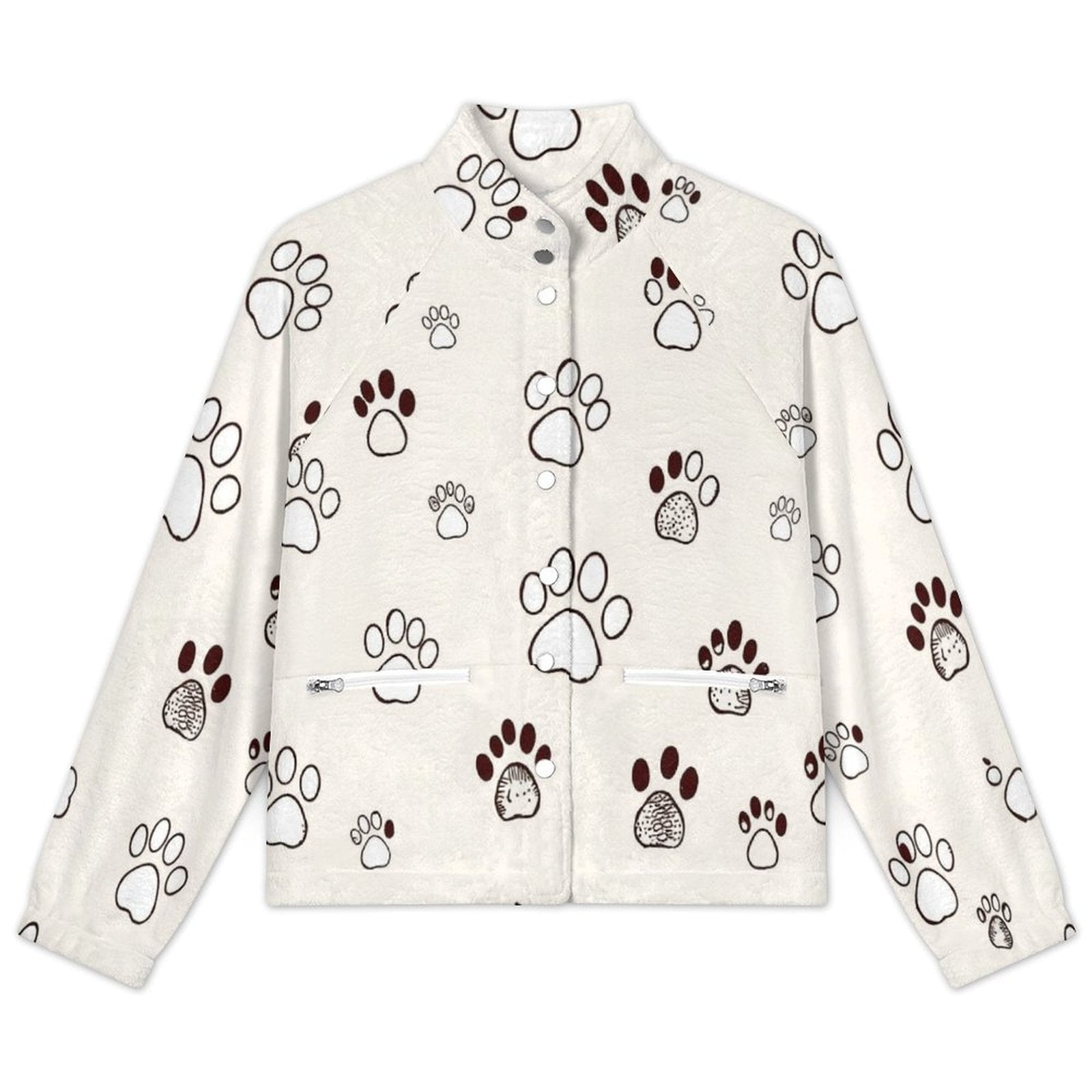 Paw Print Pattern Background Warm Women's Plush Jacket Stand Collar ...
