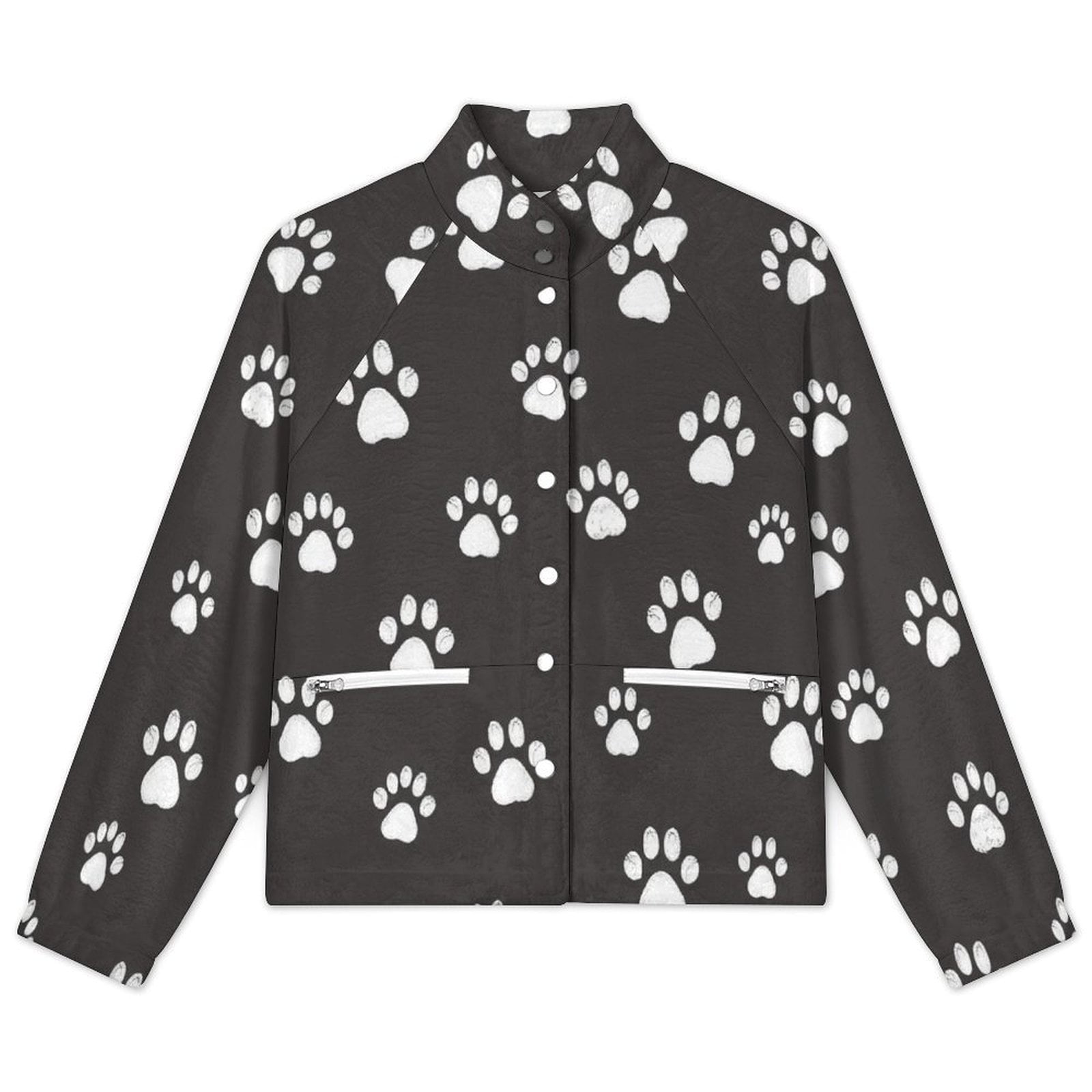 Paw Print Pattern Warm Women's Plush Jacket Stand Collar Full Sleeve ...