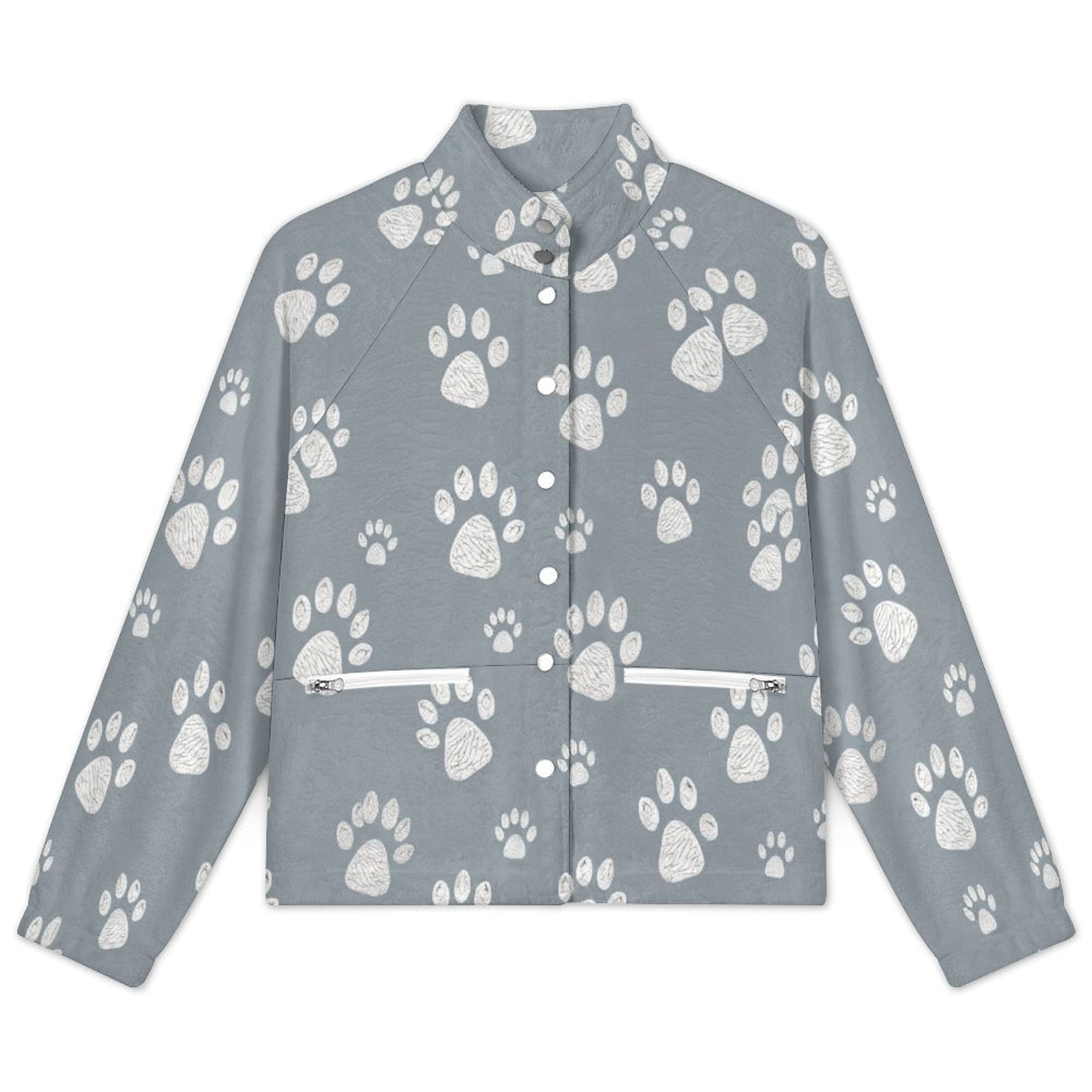 Paw Print Pattern Warm Women's Plush Jacket Stand Collar Full Sleeve ...