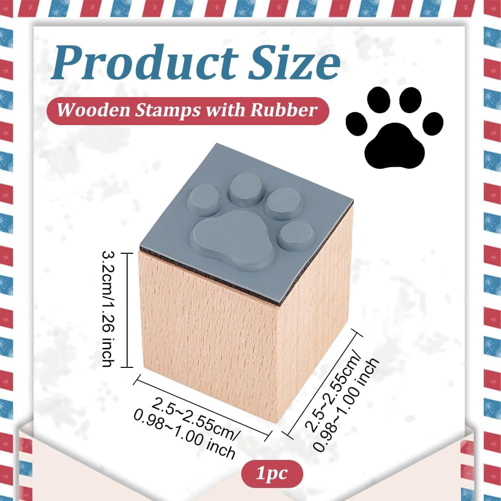 Paw Print Pattern Wooden Rubber Stamp - 1x1x1.3 inch Square Mini Stamp ...
