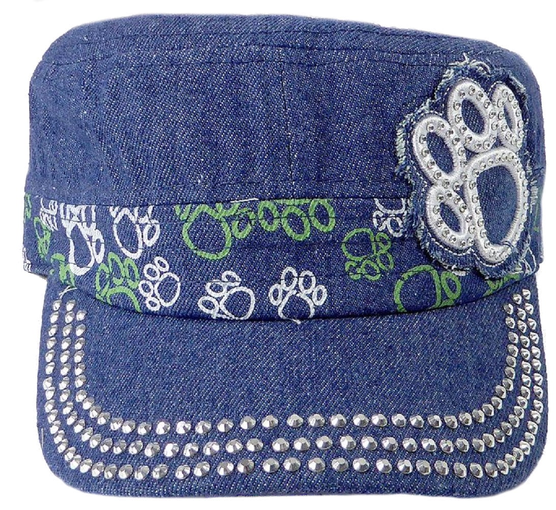 Paw Print Rhinestone Bling Dazzle Cadet Cap Hat Dog/Cat (Dark Denim ...