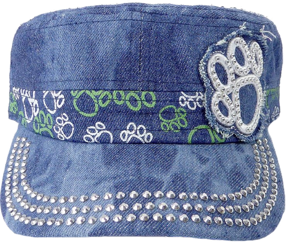 Paw Print Rhinestone Bling Dazzle Cadet Cap Hat Dog/Cat (Denim ...