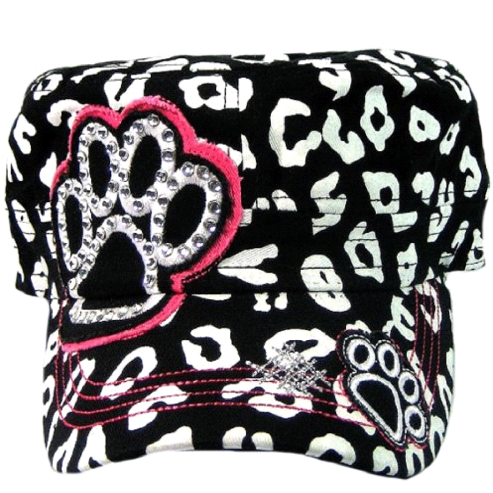 Paw Print Rhinestone/Embroidered Paw Print Women's Cadet Hat Black ...